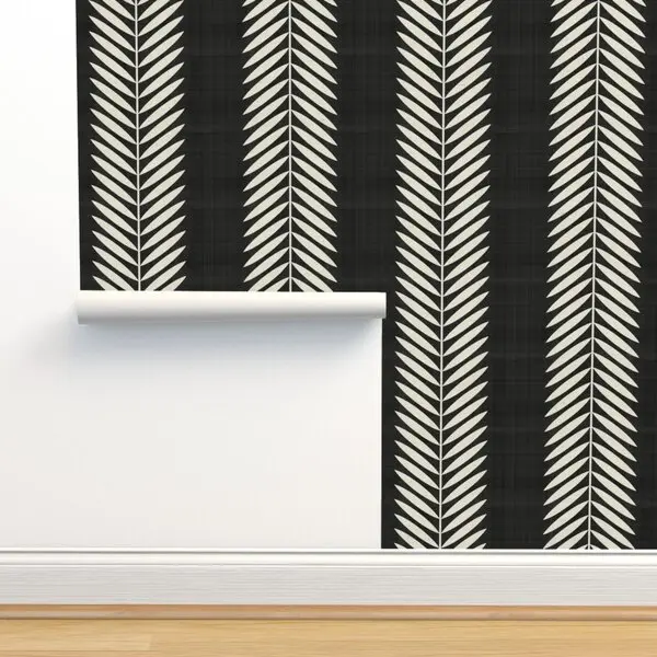 Spoonflower Laurel Leaf Stripe Cream On Black 100% Natural Sisal Grasscloth Wallcovering - Beige,cream