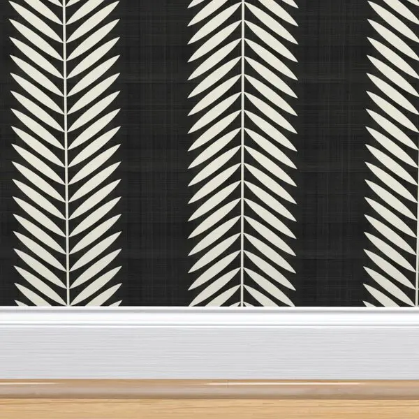 Spoonflower Laurel Leaf Stripe Cream On Black 100% Natural Sisal Grasscloth Wallcovering - Beige,cream