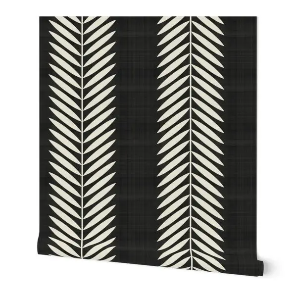 Spoonflower Laurel Leaf Stripe Cream On Black 100% Natural Sisal Grasscloth Wallcovering - Beige,cream