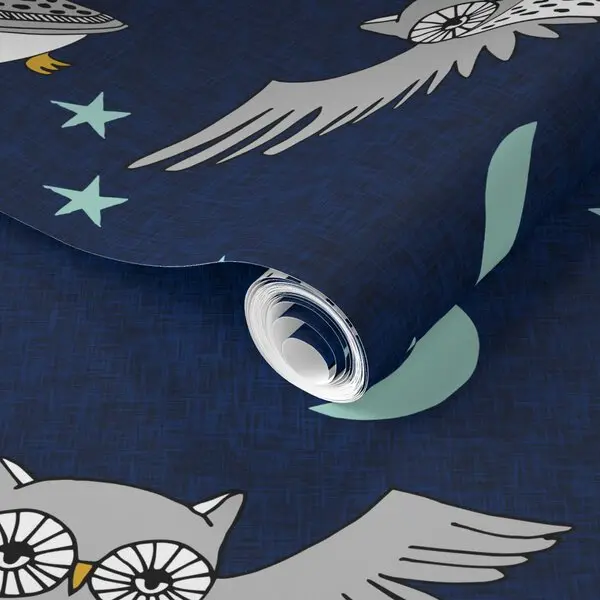 Spoonflower Owl Moon Stars Sky Night Navy Mint Gray Nursery Custom Pre-pasted Wallpaper - Gray,blue