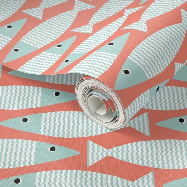 Spoonflower Bass Fish Coral Seaglass Wave Waves Jill Byers Custom Pre-pasted Wallpaper - Mint,red,gray