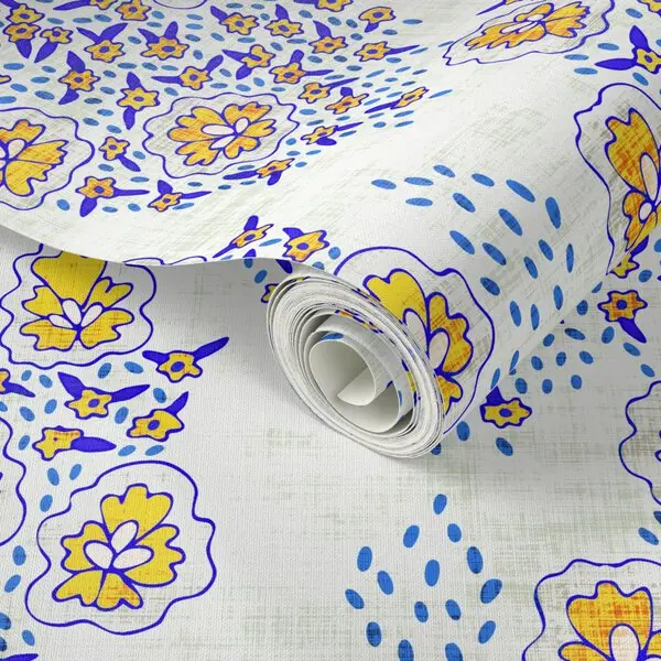 Spoonflower Flower Floral Brocade Grunge A415 Custom Pre-pasted Wallpaper - Mint,yellow,blue