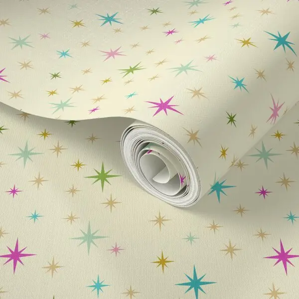Spoonflower Stars Retro Colors Mid Century Multi Pink Purple & Custom Removable Wallpaper - White,gray,pink