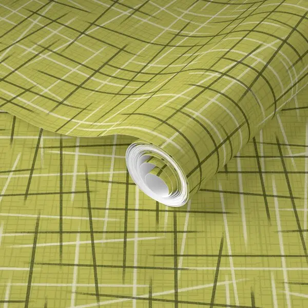 Spoonflower Geometric Lines 60s Olive Texture Movement Custom Pre-pasted Wallpaper - Green