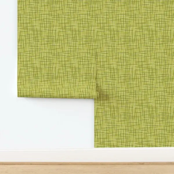 Spoonflower Geometric Lines 60s Olive Texture Movement Custom Pre-pasted Wallpaper