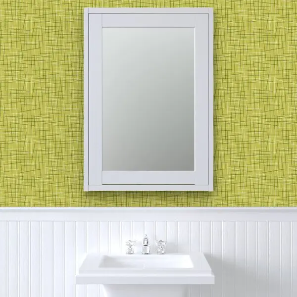 Spoonflower Geometric Lines 60s Olive Texture Movement Custom Pre-pasted Wallpaper