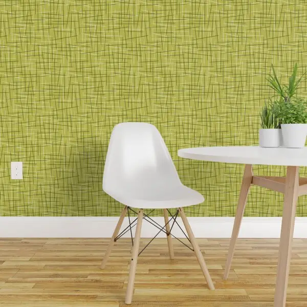 Spoonflower Geometric Lines 60s Olive Texture Movement Custom Pre-pasted Wallpaper
