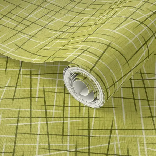 Spoonflower Geometric Lines 60s Olive Texture Movement Custom Pre-pasted Wallpaper - Green