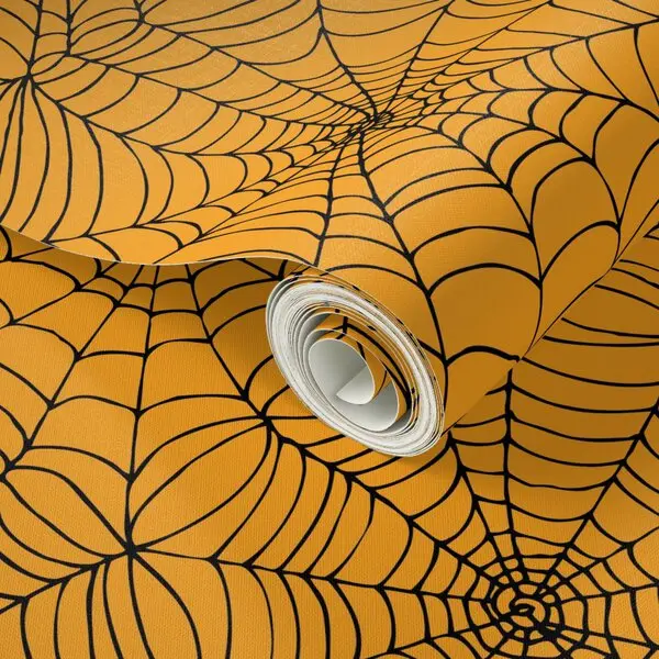 Spoonflower Halloween Orange Spiders Web Spider Black Amber Custom Pre-pasted Wallpaper - Orange,brown