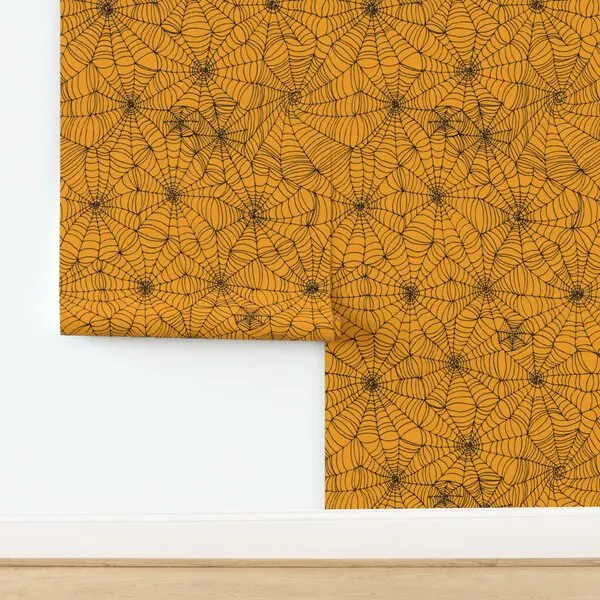 Spoonflower Halloween Orange Spiders Web Spider Black Amber Custom Pre-pasted Wallpaper - Orange,brown
