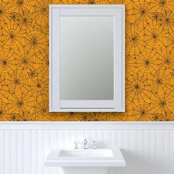 Spoonflower Halloween Orange Spiders Web Spider Black Amber Custom Pre-pasted Wallpaper - Orange,brown