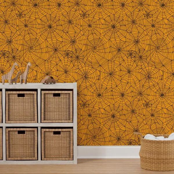 Spoonflower Halloween Orange Spiders Web Spider Black Amber Custom Pre-pasted Wallpaper - Orange,brown
