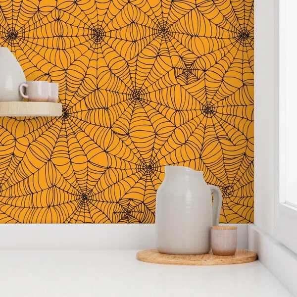 Spoonflower Halloween Orange Spiders Web Spider Black Amber Custom Pre-pasted Wallpaper - Orange,brown