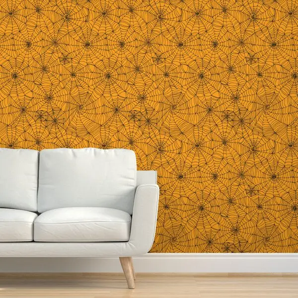 Spoonflower Halloween Orange Spiders Web Spider Black Amber Custom Pre-pasted Wallpaper - Orange,brown