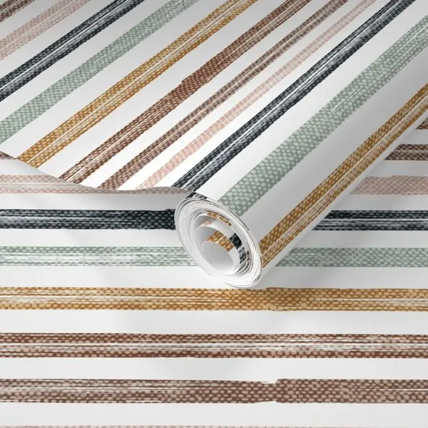 Spoonflower Warm Neutral Stripes Natural Rainbow Marker Custom Pre-pasted Wallpaper - White,gray,brown