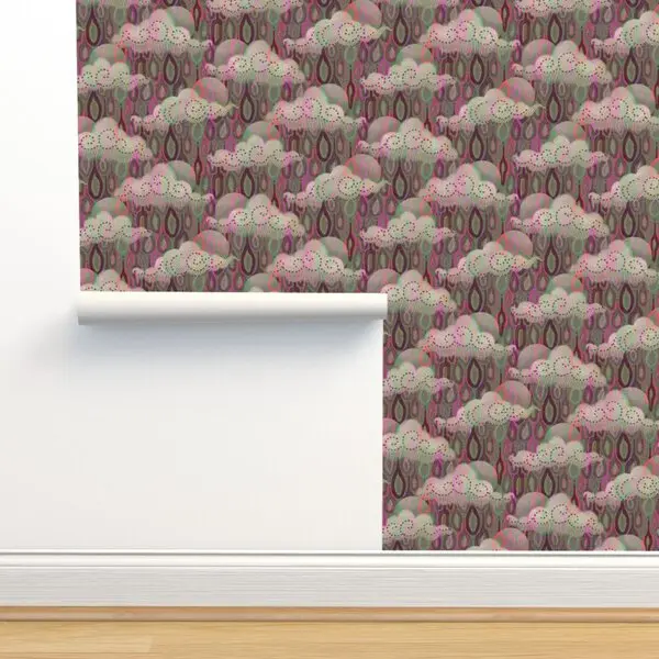 Spoonflower Rain Clouds In Magenta 100% Natural Sisal Grasscloth Wallcovering