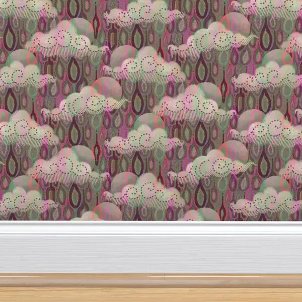 Spoonflower Rain Clouds In Magenta 100% Natural Sisal Grasscloth Wallcovering
