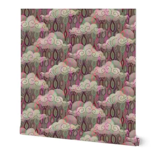 Spoonflower Rain Clouds In Magenta 100% Natural Sisal Grasscloth Wallcovering