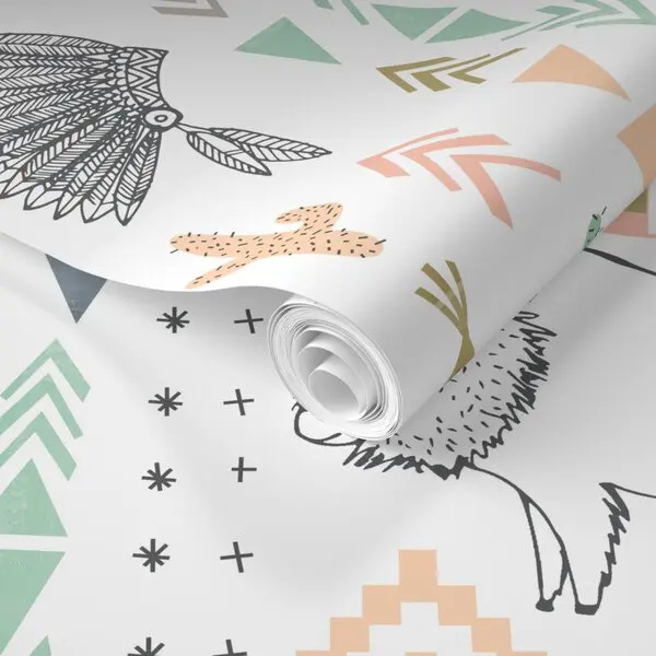 Spoonflower Buffalo Cactus Southwest Boho Teepee Tepe Custom Pre-pasted Wallpaper - Gray,brown