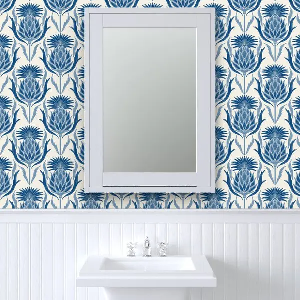 Spoonflower Monochromatic Pineapple Classic Blue Flower Boho Custom Pre-pasted Wallpaper