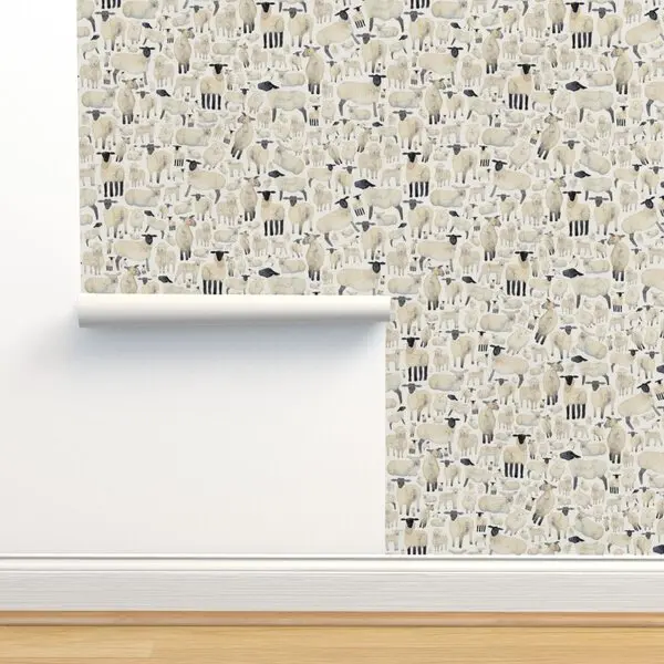 Spoonflower White Sheep Farmyard Animal Lamb Spring Easter 100% Natural Sisal Grasscloth Wallcovering