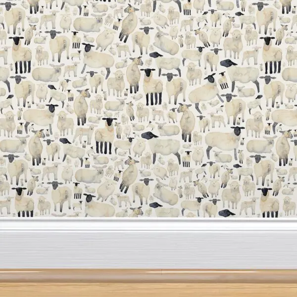 Spoonflower White Sheep Farmyard Animal Lamb Spring Easter 100% Natural Sisal Grasscloth Wallcovering
