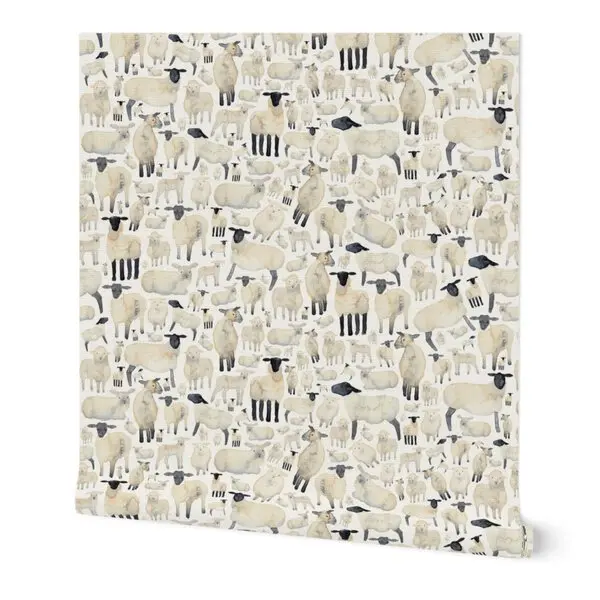 Spoonflower White Sheep Farmyard Animal Lamb Spring Easter 100% Natural Sisal Grasscloth Wallcovering