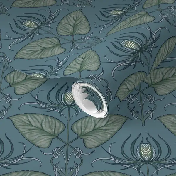 Spoonflower Flower Green Blue Leaves Floral Nature Queen Custom Pre-pasted Wallpaper - Teal,blue,mint