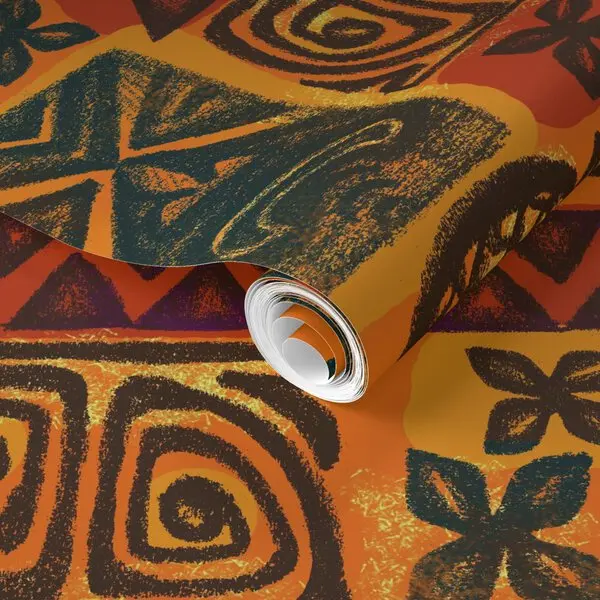 Spoonflower Orange Tiki Brown Vintage Aloha Retro Polynesian Traditional Wallpaper - Brown,black