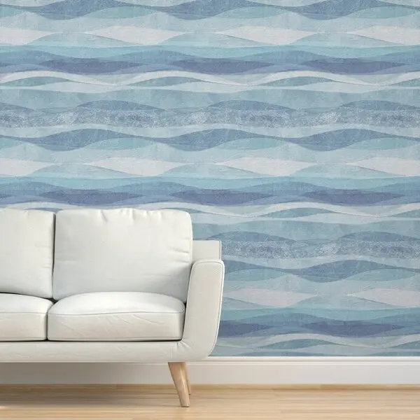 Spoonflower Abstract Ocean Waves Sky Mid Century Modern Custom Pre-pasted Wallpaper
