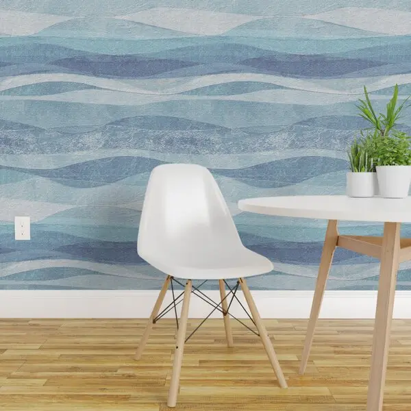 Spoonflower Abstract Ocean Waves Sky Mid Century Modern Custom Pre-pasted Wallpaper