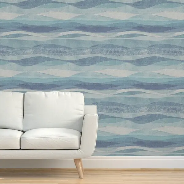 Spoonflower Abstract Ocean Waves Sky Mid Century Modern Custom Pre-pasted Wallpaper