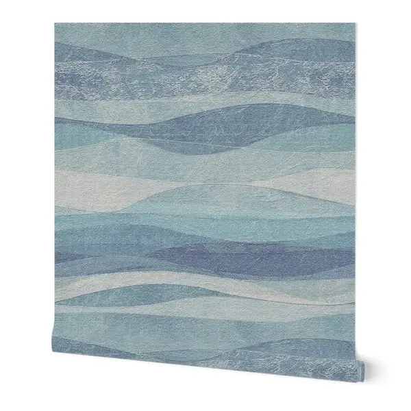 Spoonflower Abstract Ocean Waves Sky Mid Century Modern Custom Pre-pasted Wallpaper