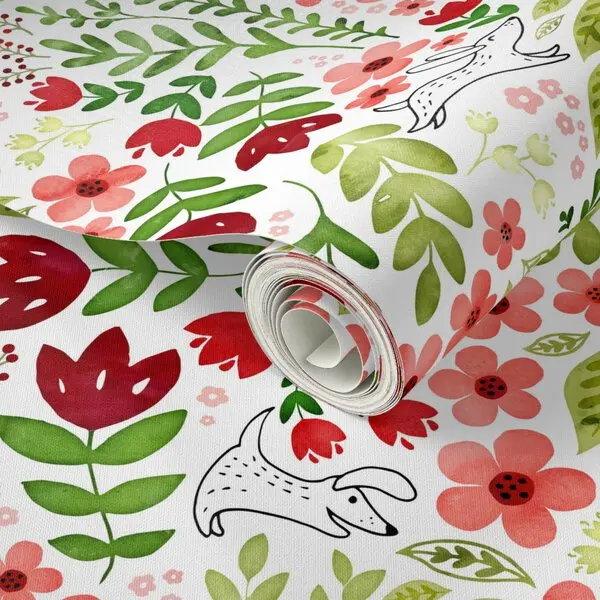Spoonflower Dog Flowers Floral Nature Animals Puppy Play Traditional Wallpaper - Green