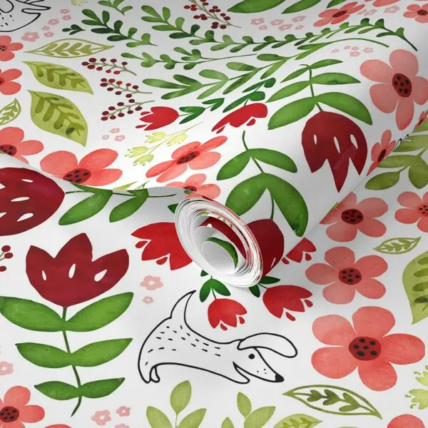 Spoonflower Dog Flowers Floral Nature Animals Puppy Play Traditional Wallpaper - Green