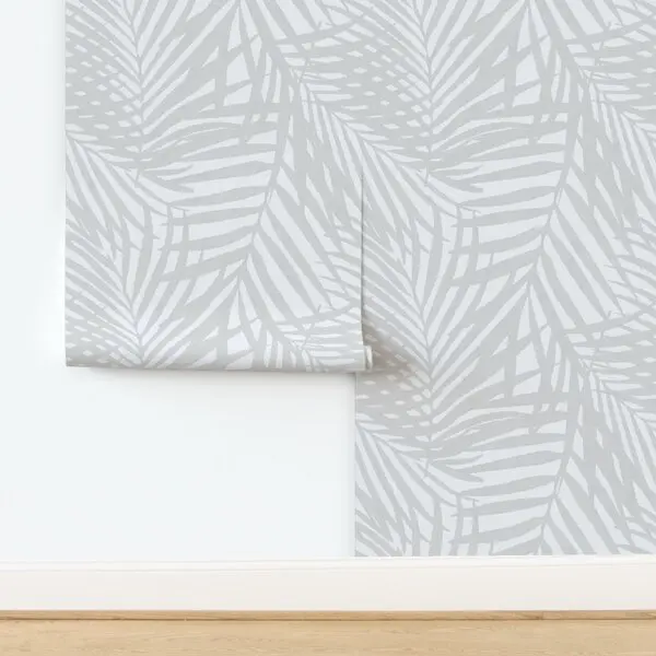 Spoonflower Watercolor Grey Palm Fronds Neutral Rainforest Custom Pre-pasted Wallpaper