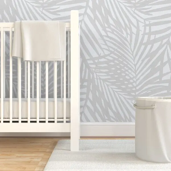 Spoonflower Watercolor Grey Palm Fronds Neutral Rainforest Custom Pre-pasted Wallpaper