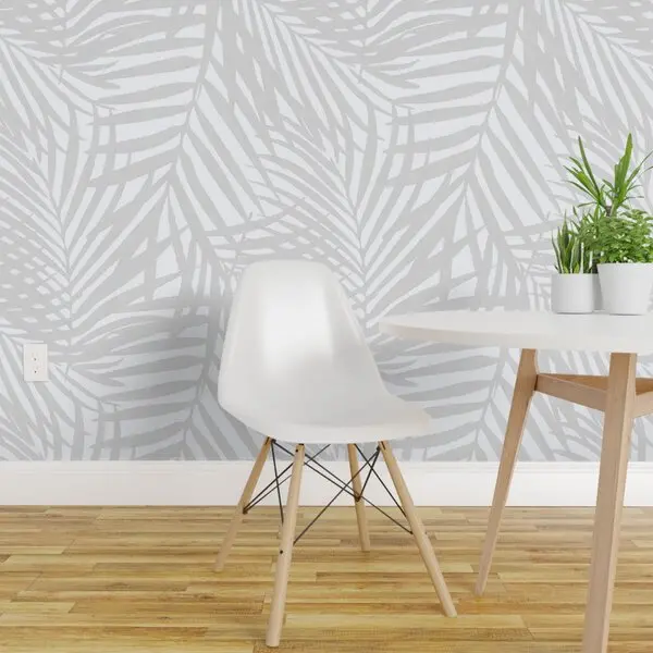 Spoonflower Watercolor Grey Palm Fronds Neutral Rainforest Custom Pre-pasted Wallpaper