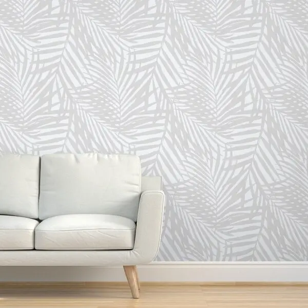 Spoonflower Watercolor Grey Palm Fronds Neutral Rainforest Custom Pre-pasted Wallpaper