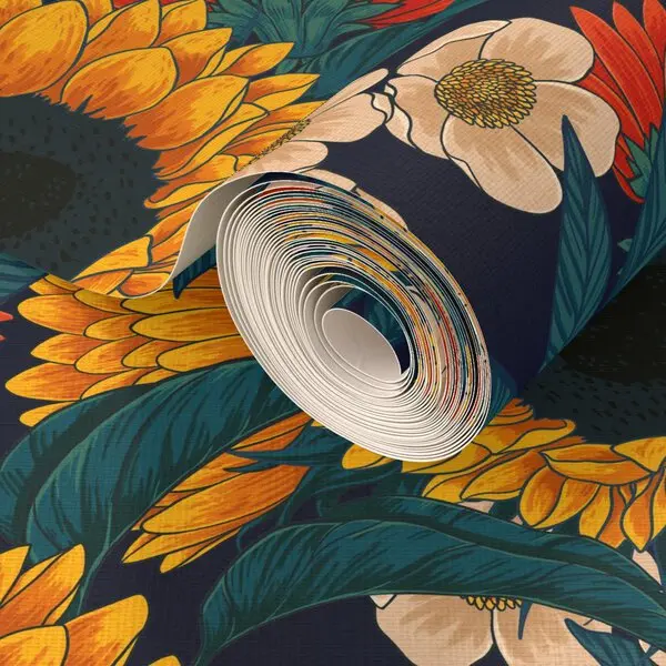Spoonflower Large Sunflower Meadows Mystical Blue 100% Natural Sisal Grasscloth Wallcovering - Blue,yellow,red