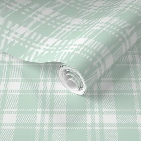 Spoonflower Mint White Tartan Plaid Trendy Winter Fall Traditional Wallpaper - Green,white,gray