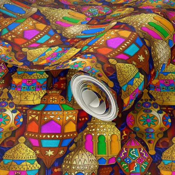 Spoonflower Marrakesh Souk Lanterns Copper Lights Wrought Iron Custom Pre-pasted Wallpaper - Brown,orange,blue