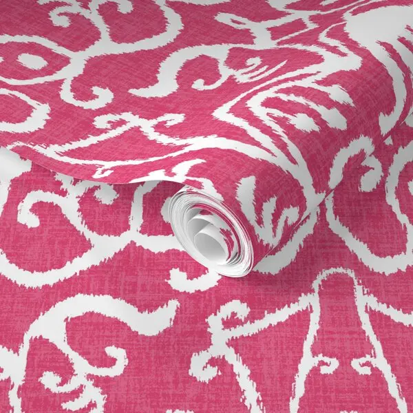 Spoonflower Ikat Hot Pink Floral Fuchsia Damask Luce Traditional Wallpaper - Pink,white
