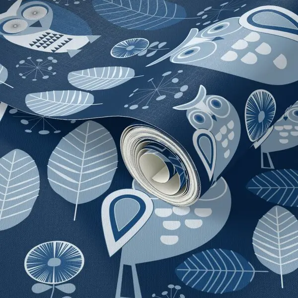 Spoonflower Leaves Nature Birds Owls Animals Traditional Wallpaper - Blue