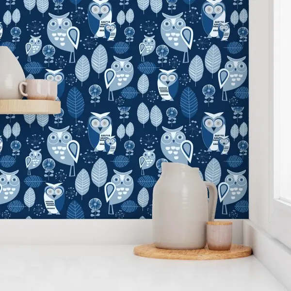 Spoonflower Leaves Nature Birds Owls Animals Traditional Wallpaper