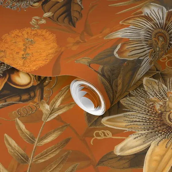 Spoonflower Orange Passiflora Flowers Sepia Custom Removable Wallpaper - Orange,brown