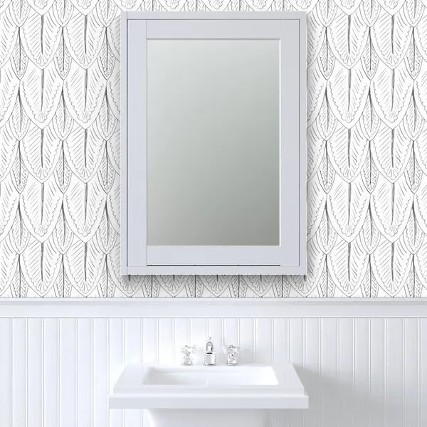 Spoonflower Black White Leaves Floral Chinese Leaf Foliage Custom Pre-pasted Wallpaper - White,gray