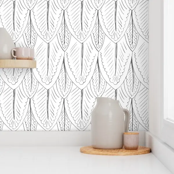 Spoonflower Black White Leaves Floral Chinese Leaf Foliage Custom Pre-pasted Wallpaper - White,gray