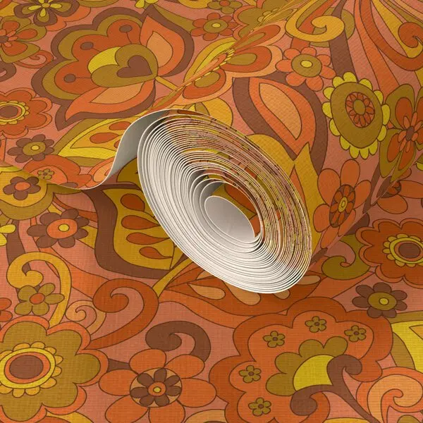 Spoonflower Flowers Retro Swirls Orange Psychedelic Groovy 70s 100% Natural Sisal Grasscloth Wallcovering - Orange,yellow,brown