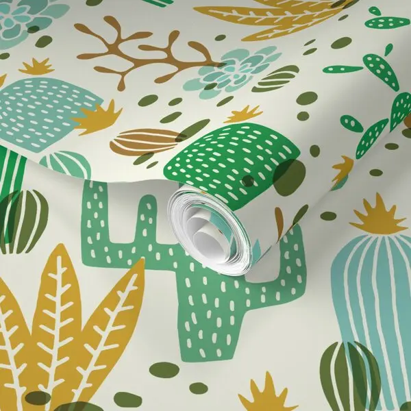 Spoonflower Wolf Cactus Desert Green Mustard Succulent Sand Custom Pre-pasted Wallpaper - Green,yellow,brown